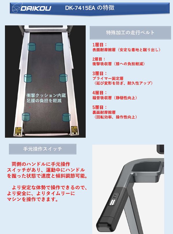 ルームランナーDAIKOU DK-7415EA 電動傾斜やUSBポートBluetooth装備